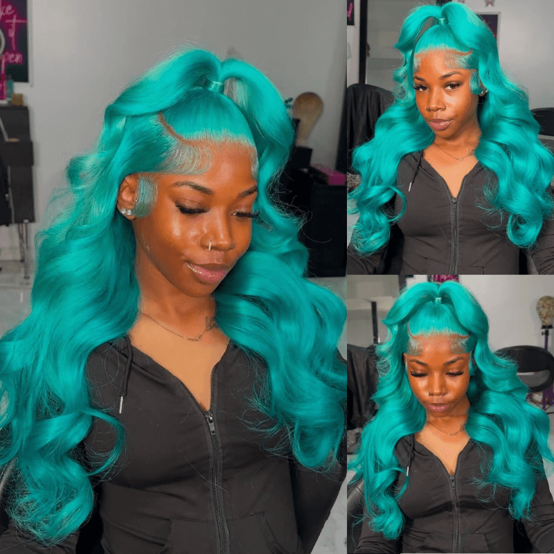 SZC Aqua Teal Blue Body Wave 13x4 HD Lace Front Virgin Human Hair Wigs ...