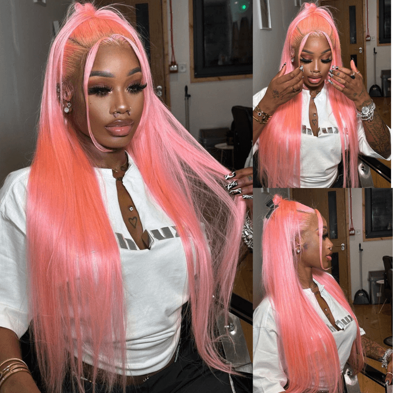 SZC Neon Pink 200 Density 13x4 Lace Front Straight Weave Hair Wigs ...