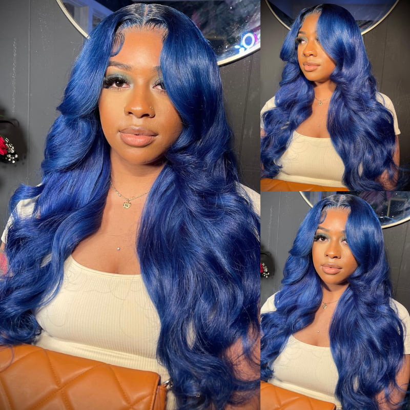 SZC 200 Density Blue Color Body Wave 13x4 HD Lace Front Human Hair Wig ...