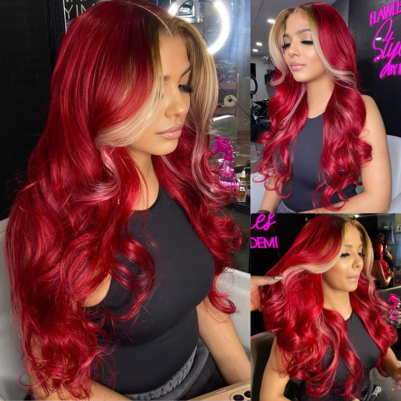 SZC Burgundy Red with Honey Blonde Skunk Stripe Virgin Human Hair Wigs ...
